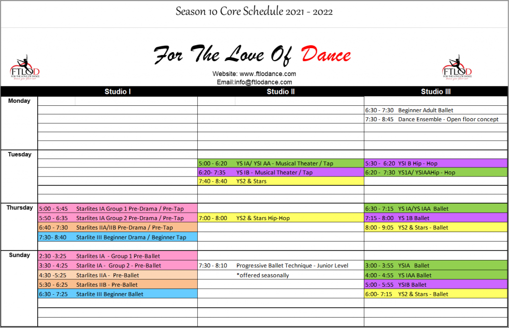Classes & Calendar - For the Love of Dance School